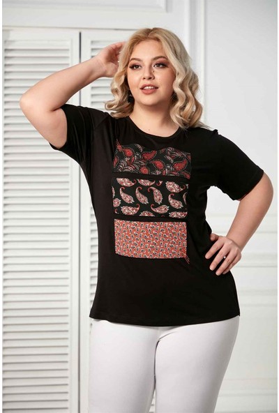 Rmg Desenli Büyük Beden Siyah Tshirt
