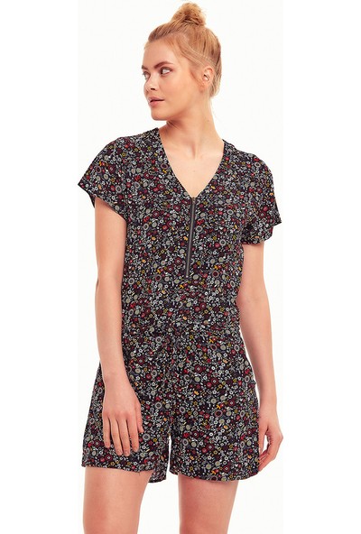 Clandestino Otantik Çiçek Desenli Siyah Kadın Tulum