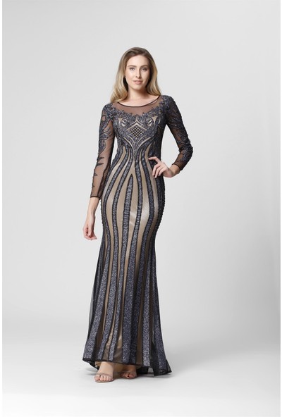 Abiye Sarayı Antrasit Bej Transparan Detaylı Simli Uzun Abiye Elbise Abiye Sarayı Antrasit Bej Transparan Detaylı Simli Uzun Abiye Elbise