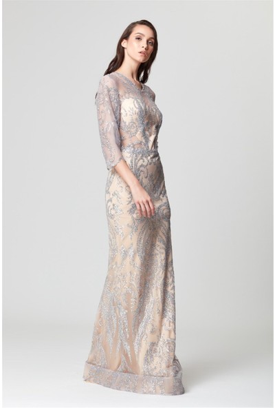 Abiye Sarayı Gümüş Transparan Detaylı Simli Uzun Abiye Elbise Abiye Sarayı Gümüş Transparan Detaylı Simli Uzun Abiye Elbise