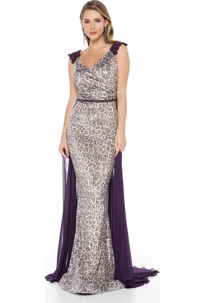 Abiye Sarayı Mürdüm Omuz ve Bel İşlemeli Kuyruklu V Yaka Balık Abiye Abiye Sarayı Mürdüm Omuz ve Bel İşlemeli Kuyruklu V Yaka Balık Abiye