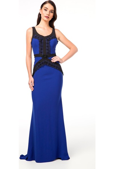 Abiye Sarayı Saks Taş Detaylı Uzun Abiye Elbise