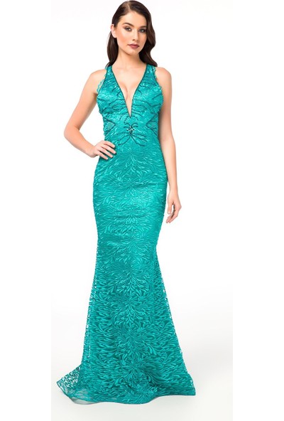 Abiye Sarayı Yeşil Yaka ve Sırt Detaylı Göğüs Dekolteli Balık Abiye Elbise