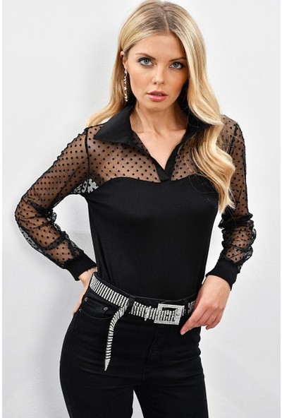 New Laviva Tül Kol Detaylı Uzun Kollu Siyah Kadın Gömlek
