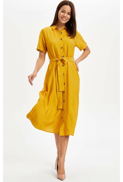DeFacto Regular Fit Gömlek Yaka Keten Görünümlü Kısa Kollu Dokuma Elbise N0543AZ20SM DeFacto Regular Fit Gömlek Yaka Keten Görünümlü Kısa Kollu Dokuma Elbise N0543AZ20SM