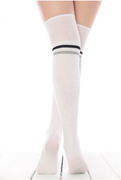 Socks Concept Siyah-Gri Çizgi Detaylı Beyaz Dizüstü Çorap