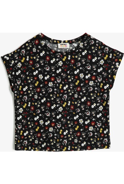 Koton Çiçekli Dokulu Esnek Kumaştan Bisiklet Yaka Kısa Kollu Tişört