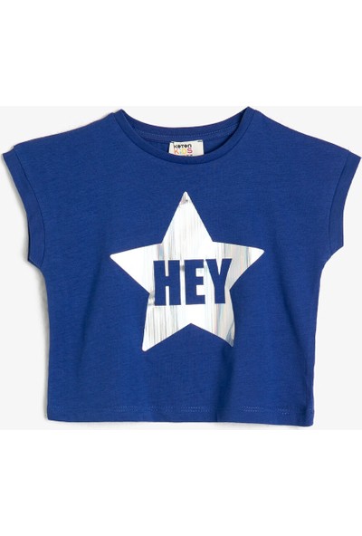 Koton Parlak Baskılı Bisiklet Yaka Püsküllü Kısa Kollu Pamuklu Tişört