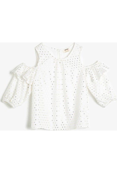 Koton Kız Çocuk Puantiyeli Dökümlü Gömlek Kumaşından Parlak Baskılı Fırfırlı Omzu Açık Bluz