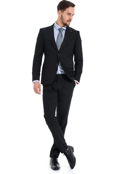 Morven Cemena Çizgili Slim Fit Takım Elbise Siyah