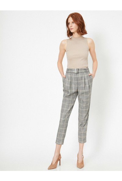 Koton Kadın Kemer Detaylı Ekoseli Pantolon