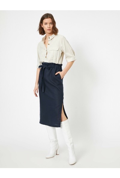 Koton Kadın Beli Bağlamalı Yırtmaç Detaylı Midi Etek