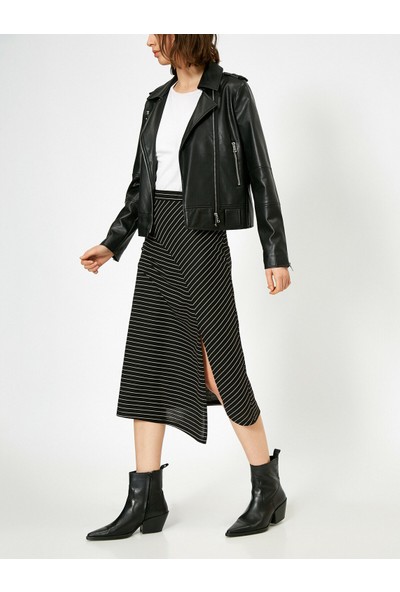 Koton Kadın Yırtmaç Detaylı Çizgili Midi Boy Etek
