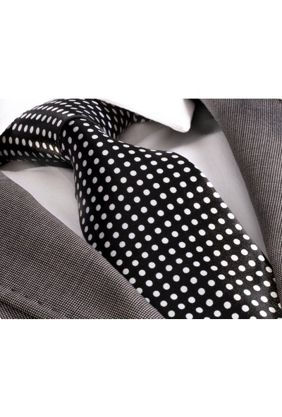 Exve Exclusive Beyaz Puantiyeli Siyah Kravat