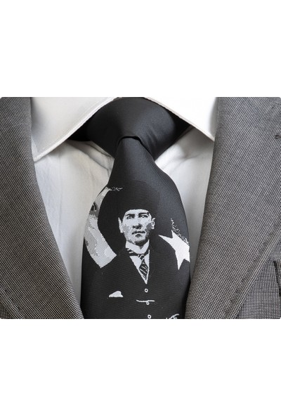 Exve Exclusive Mustafa Kemal Atatürk Portre Altı İmzalı Siyah Kravat