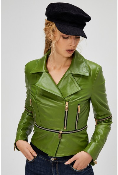Deri Effect Breve Kadın Deri Ceket Yeşil S
