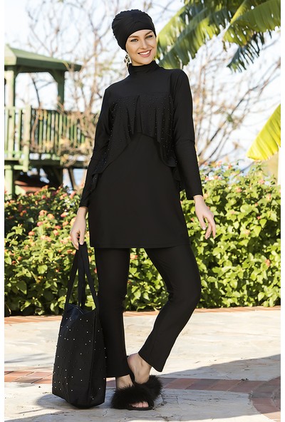 Tasarım Likralı Tam Kapalı Tesettür Mayo İncili Önü Kapaklı 509/01 Siyah