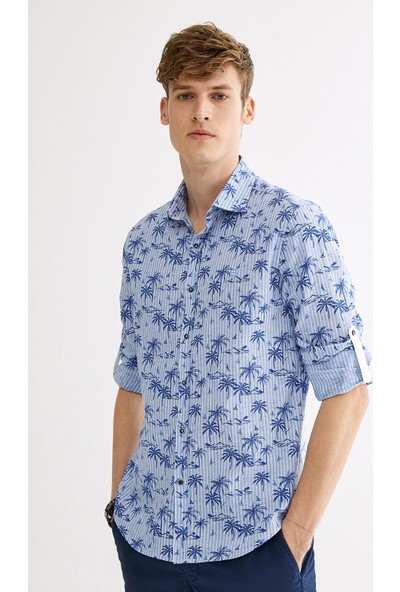 Avva Erkek Mavi Baskılı Alttan Britli Yaka Slim Fit Gömlek A01Y2012