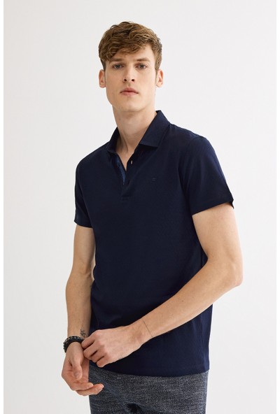 Avva Erkek Lacivert Polo Yaka Jakarlı T-Shirt A01Y1043