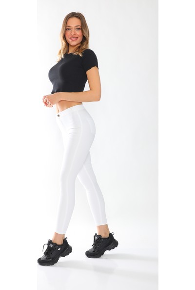 Podiumstar Yüksek Bel Likralı Dar Kesim Beyaz Pantolon
