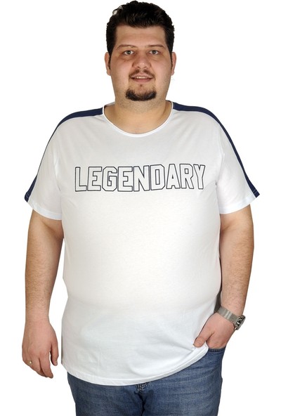 ModeXL Büyük Beden Erkek T-Shirt Bs Yaka Legendary Parçalı 19103 Beyaz