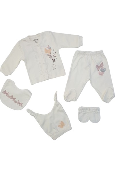 Aziz Bebe 5235 Kız Bebek Kelebek İşlemeli 5'li Hastane Çıkışı