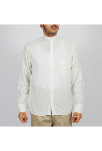 Kanaviçe Hac Umre Kıyafeti Hakim Yakalı Keten Kumaş Gömlek Beyaz