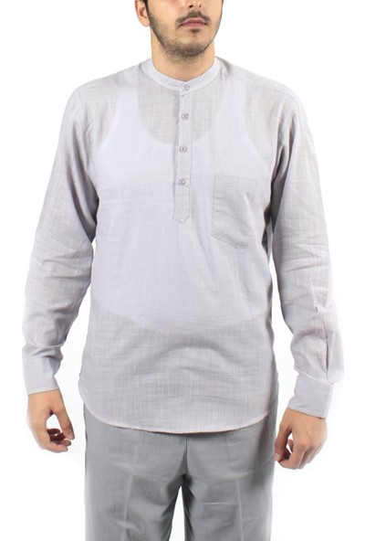 Kanaviçe Hac Umre Kıyafeti Hakim Yakalı Patlı Gömlek Gri