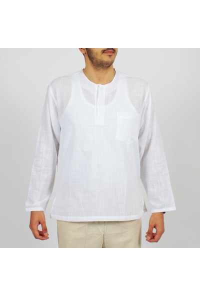 Kanaviçe Hac Umre Kıyafeti Sıfır Yaka Düğmeli Patlı Gömlek Beyaz