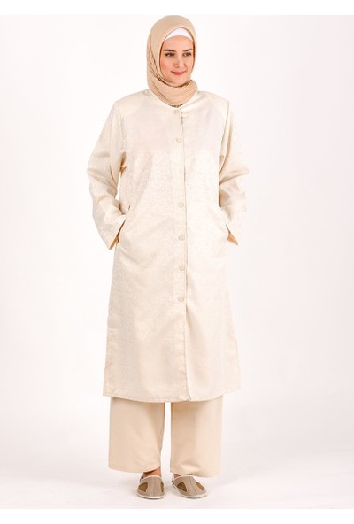 Kanaviçe Hac ve Umre Kıyafeti Kadın Jakarlı Klasik Model Elbise Krem