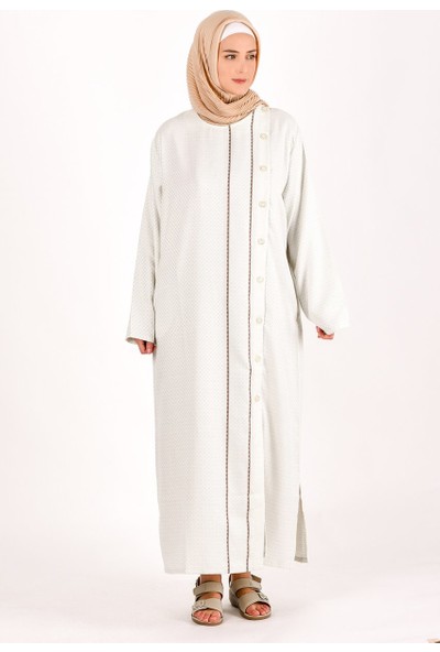 Kanaviçe Hac ve Umre Kıyafeti Kadın Keten Uzun Yandan Düğmeli Elbise Yeşil