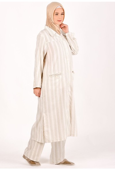 Kanaviçe Hac ve Umre Kıyafeti Kadın Keten Yakalı Çizgi Detaylı Pantolonlu Takım Krem