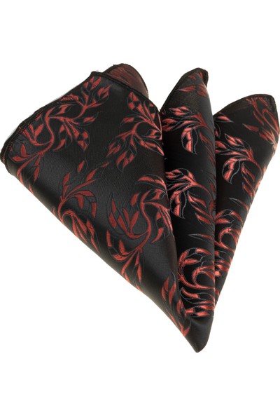 Exve Exclusive Siyah Üzeri Kırmızı Yaprak Desen Dokuma Cep Yaka Mendili