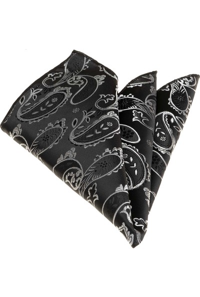 Exve Exclusive Siyah Gümüş Şal Desen Dokuma Cep Yaka Mendili