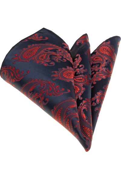 Exve Exclusive Kırmızı Lacivert Şal Desenli Dokuma Cep Yaka Mendili