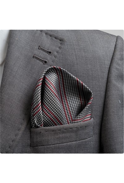 Exve Exclusive Gri Kırmızı Çizgili Yaka Mendili