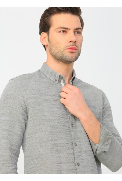 Fabrika Düğmeli Basic Armürlü Haki Erkek Gömlek - NON-KAR Fabrika Düğmeli Basic Armürlü Haki Erkek Gömlek - NON-KAR