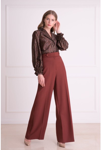 Gizia Bel Kemer Detaylı Kiremit Rengi Bol Paça Pantolon