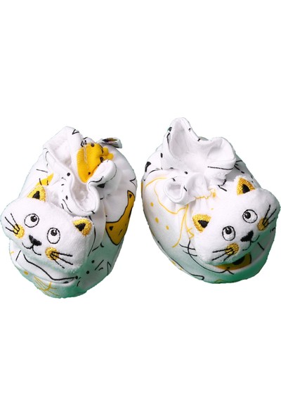 Albimini Kedili Çıngıraklı Bebek Patik Sarı ve Beyaz