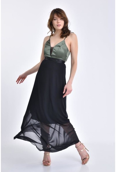 Modkofoni Askılı Sırt ve Taşlı Haki Abiye Elbise Modkofoni Askılı Sırt ve Taşlı Haki Abiye Elbise