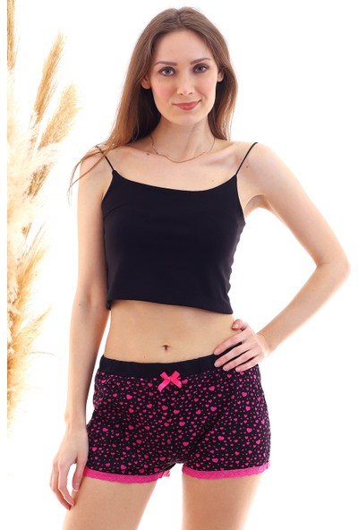 Cotton Mood 20050517 Süprem Beli Lastikli Paçası Dantel Şerit Şort Sıyah-Fusya Cotton Mood 20050517 Süprem Beli Lastikli Paçası Dantel Şerit Şort Sıyah-Fusya