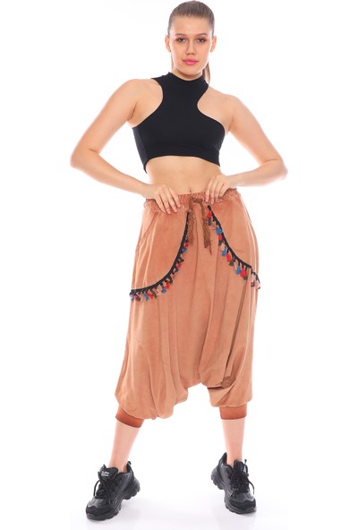 PodiumStar Cepleri Püskül Detaylı Etnik Bej Şalvar Pantolon