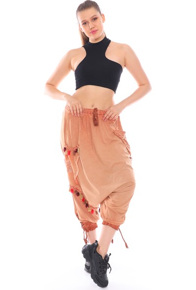 PodiumStar Püsküllü Cepleri Dantel ve Pul Detaylı Etnik Şalvar Pantolon