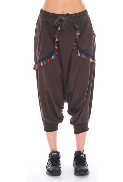 Podiumstar Cepleri Püskül Detaylı Etnik Kahverengi Şalvar Pantolon