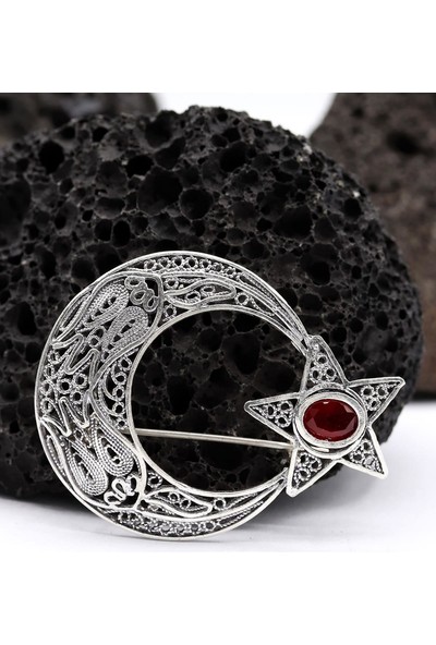 Akyüz Gümüş Ay Yıldız Işlemeli Telkari Gümüş Broş