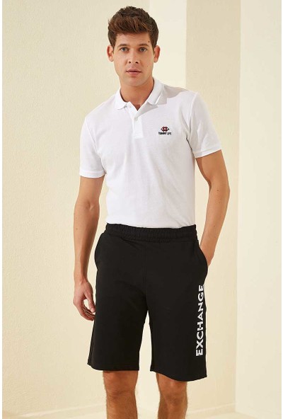Tommy Life Siyah-Beyaz Erkek Yazı Baskılı Cepli Standart Kalıp Şort-81142