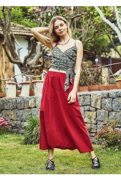 Clandestino Otantik Cep Detaylı Şalvar Pantolon Kırmızı
