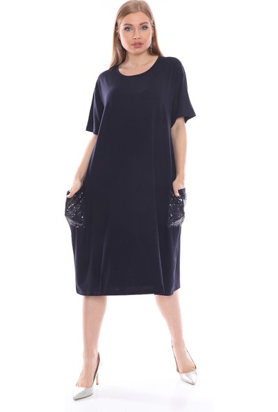 PodiumStar Kadın Büyük Beden Cepleri Pullu Bol Kesim Lacivert Elbise