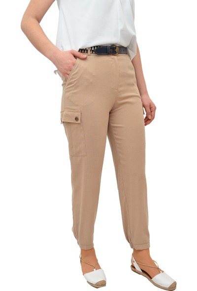 Anitabella Bej Şerit Kemerli Pantolon