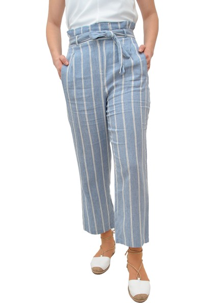 Anitabella Mavi Çizgili Kemerli Keten Pantolon